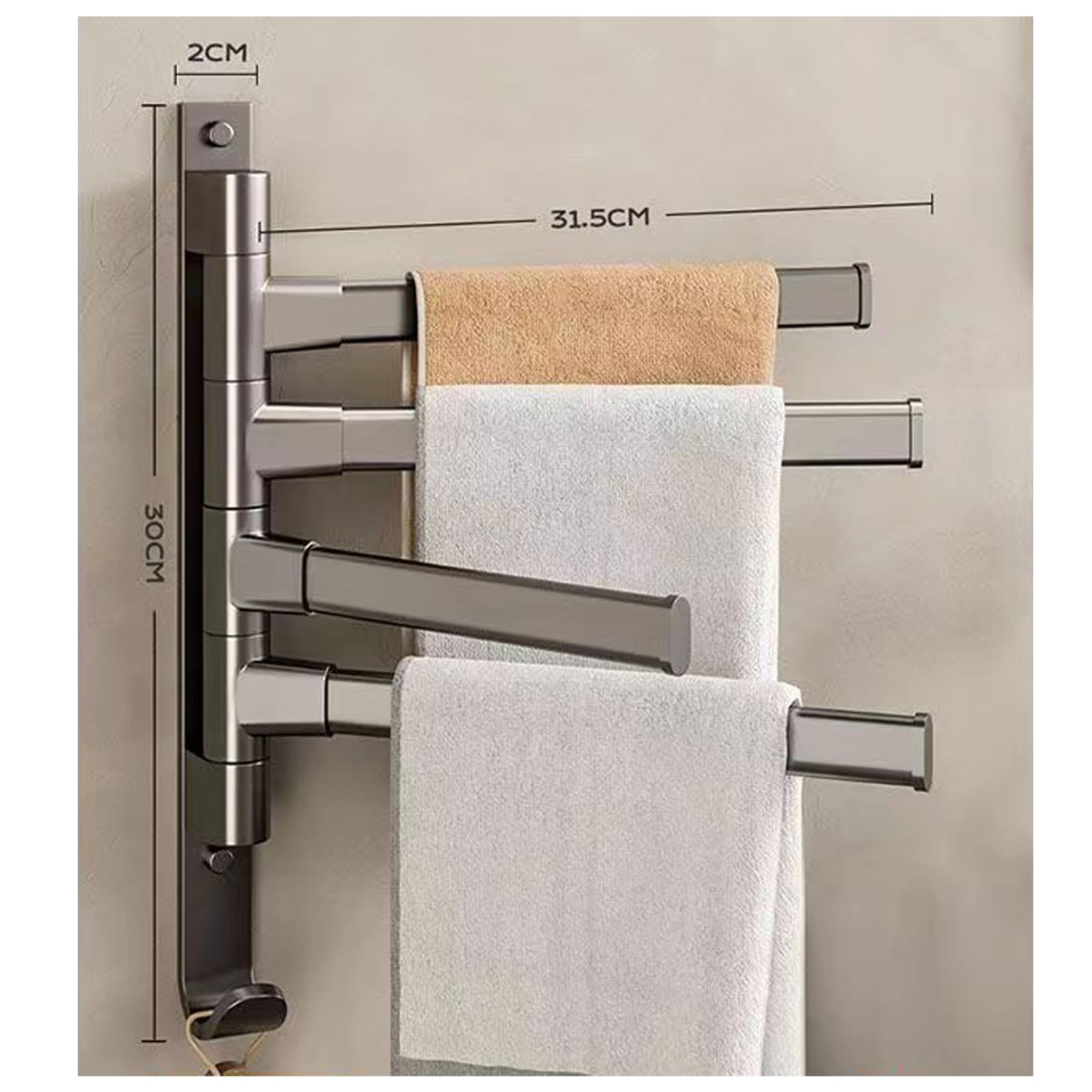 4-pole 180 ° rotatable towel bar, aluminum alloy swing arm Bath Towel Bars bathroom towel rack, swing hook towel rack storage rack, bathroom wall mounted towel storage rack, Silver gray