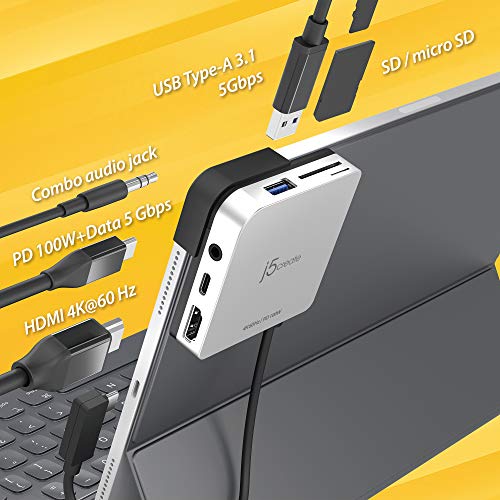 j5create iPad Pro USB C Hub- 6-in-1 Travel Dock for iPad Pro 12.9β/11β, with 4K@60Hz HDMI, USB C PD Charging 100W & Data, USB A 3.1, SD and microSD Card Reader, 3.5mm Headphone Jack (JCD612)