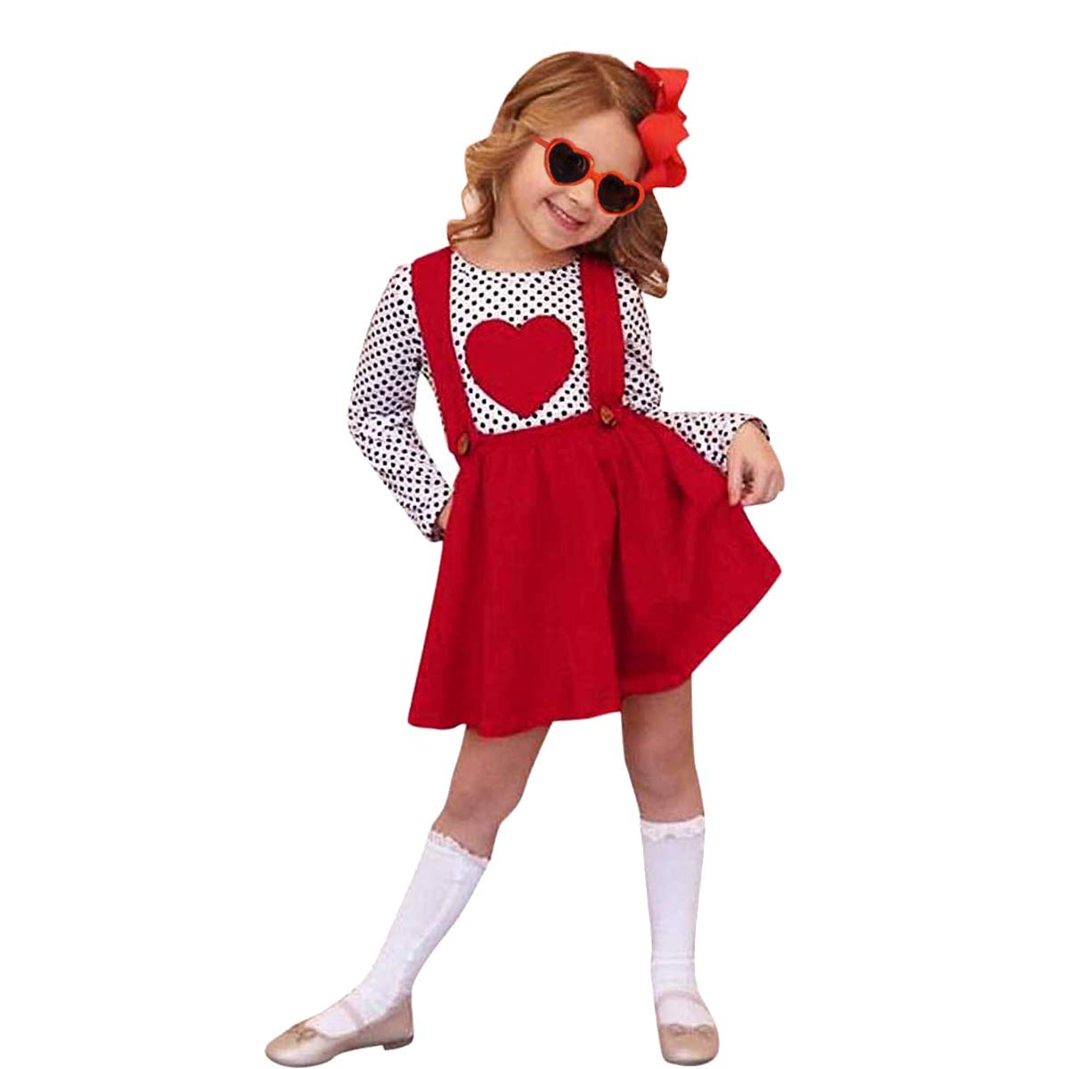MODNTOGA Toddler Baby Girl Valentines Outfit Long Sleeve Dot Heart Shirt Top+Suspender Strap Red Skirts Set(18M-7Y) (Red, 2-3T)
