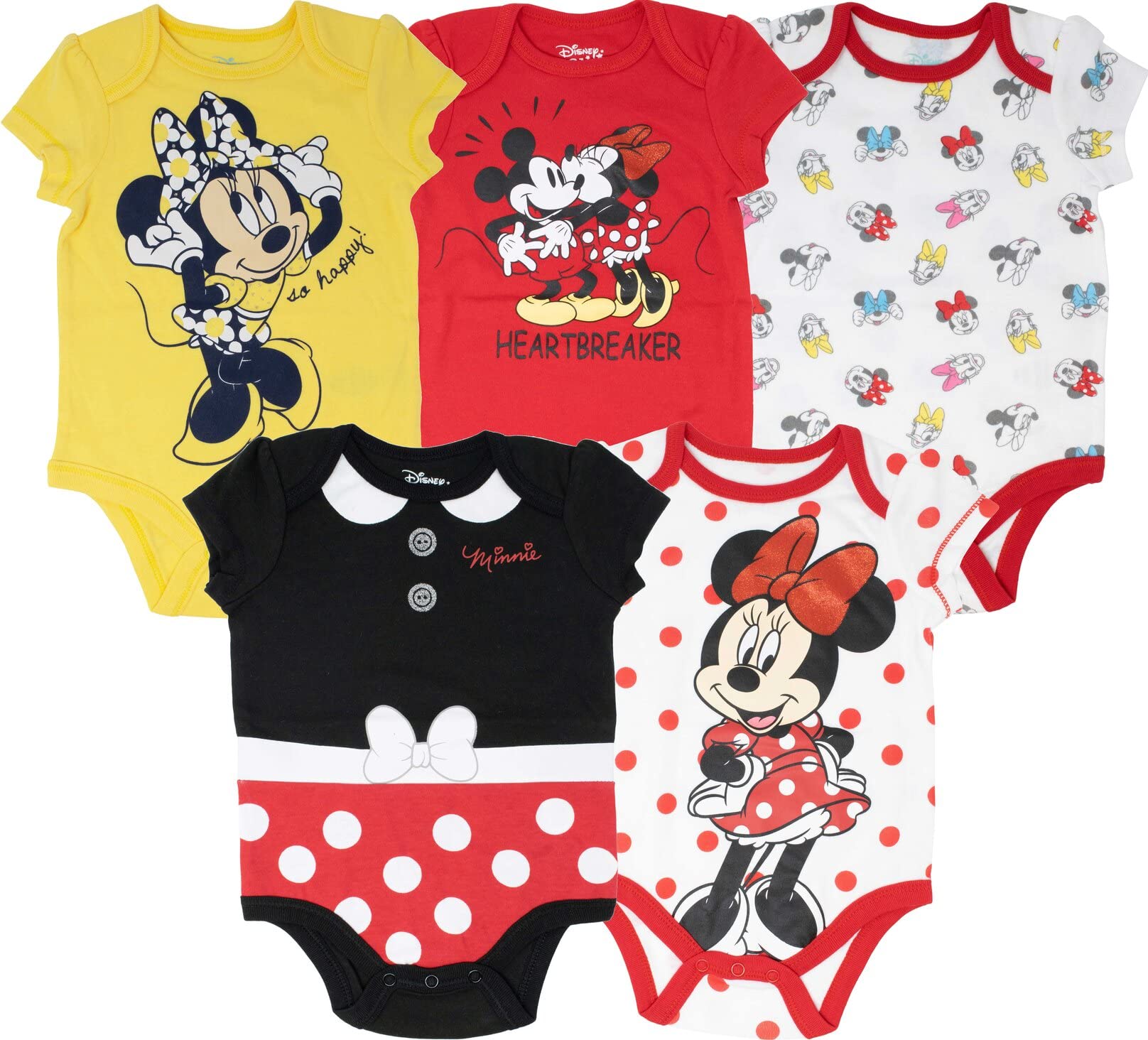 Disney Minnie Mouse Mickey Mouse Donald Duck Newborn Baby Girls 5 Pack Bodysuits Yellow 0-3 Months