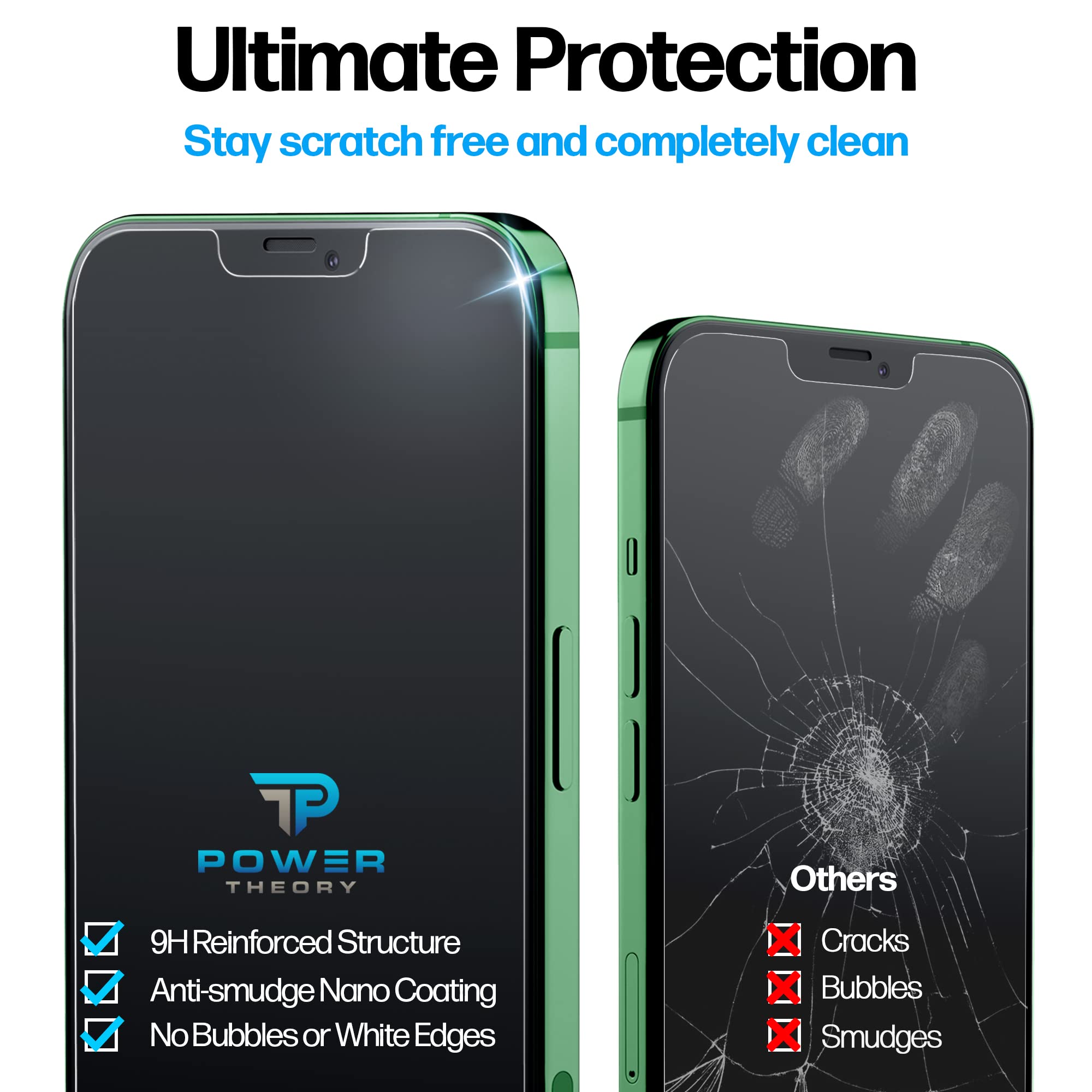 Power Theory 2-Pack Screen Protector for iPhone 12 Mini Premium Shatter Resistant Tempered Glass [9H Hardness], Easy Install Kit, 99.99% HD Clear, Bubble Free, Case Friendly, Anti-Scratch, Anti-Smudge