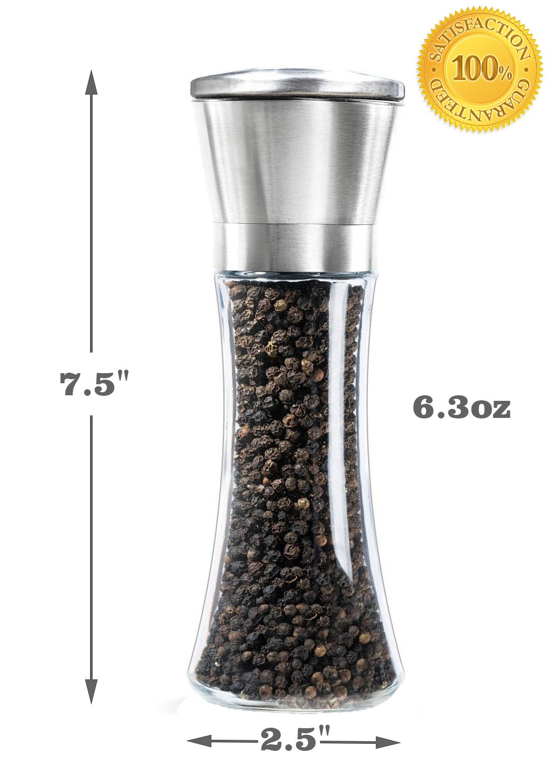2 PCS Salt and Pepper Grinders Glass Mills Brushed Stainless Steel with Adjustable Ceramic Rotor