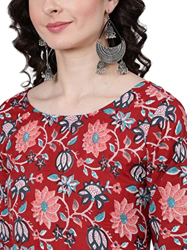 Amayra Women's Rayon Printed Anarkali Kurti with Palazzos and Dupatta Set (Maroon, Small)