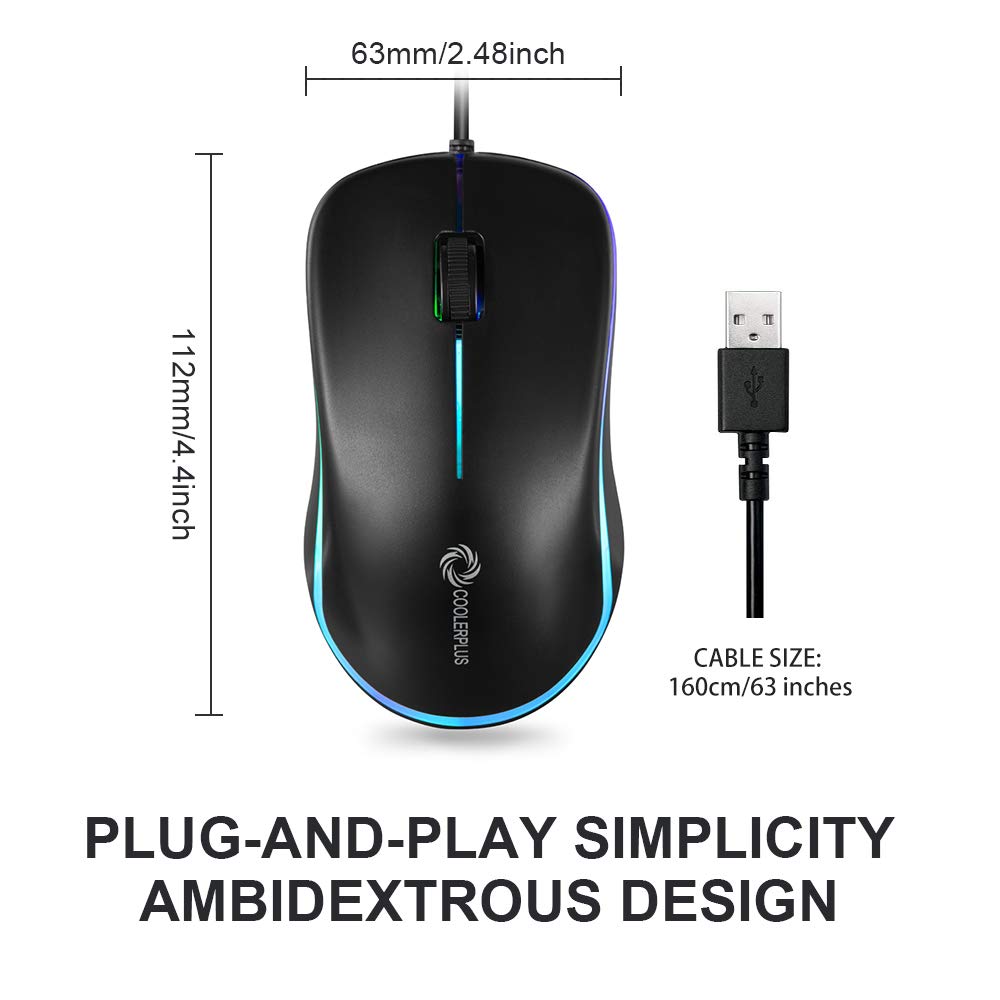 COOLERPLUS FC112 USB Optical Wired Computer Mouse with Easy Click for Office and Home, 1000DPI, Premium and Portable,Compatible with Windows PC, Laptop, Desktop, Notebook (Black)