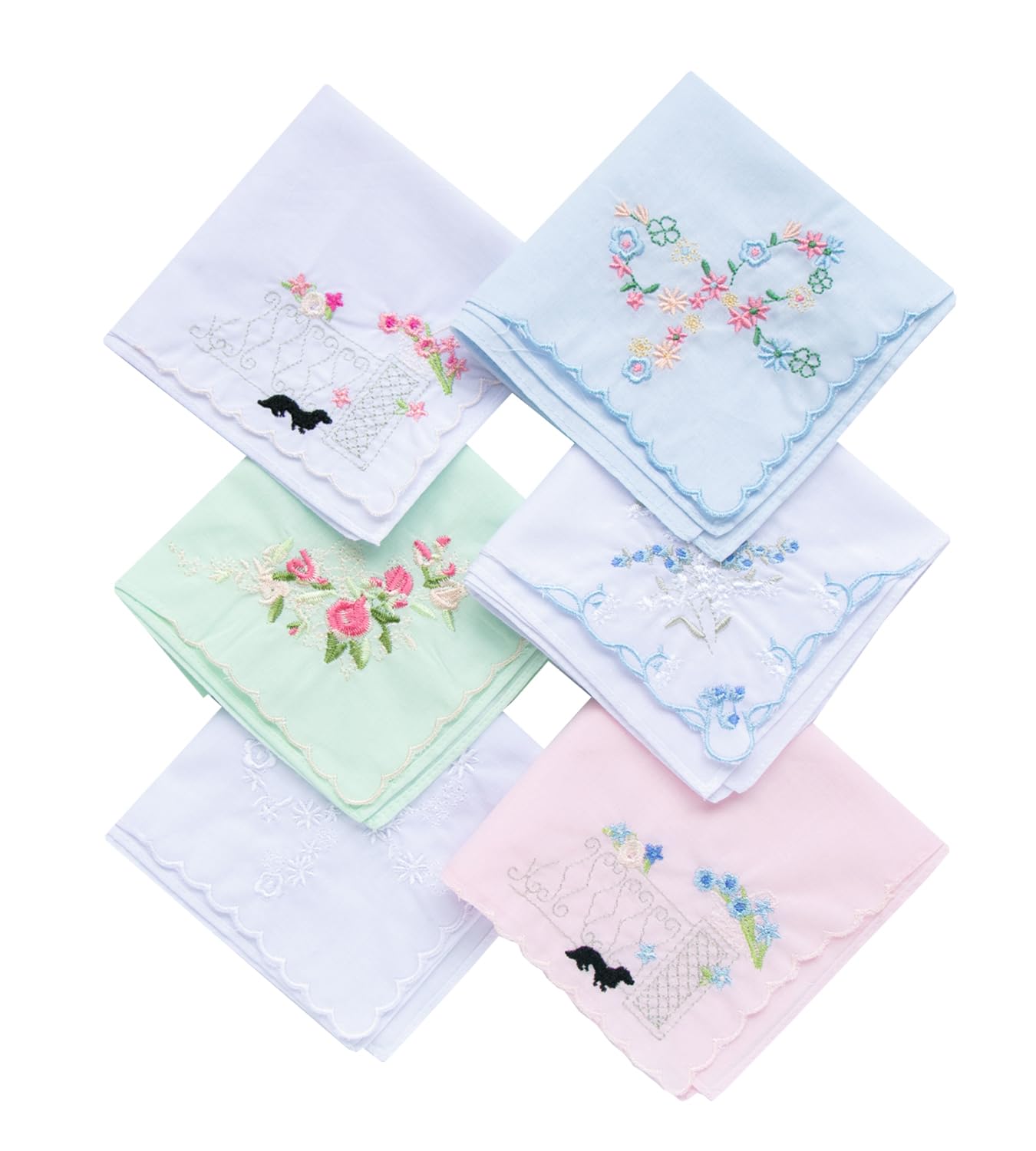 Assorted Ladies Novetly Embroidered Cotton Soft Handkerchiefs Scalloped Hankies 6PCS
