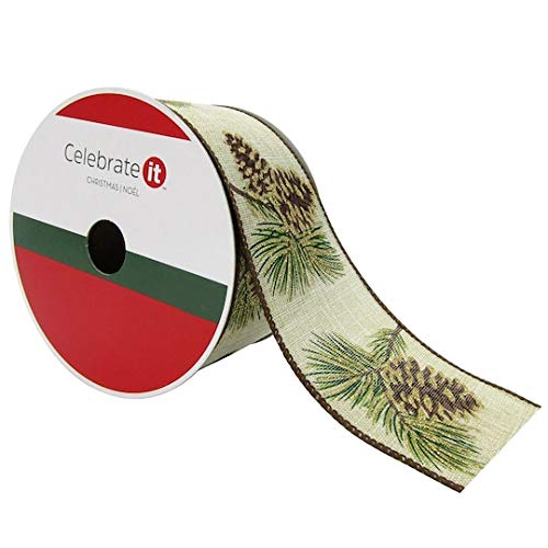 2.5" Faux Linen Wired Pinecone Ribbon by Celebrate It Christmas