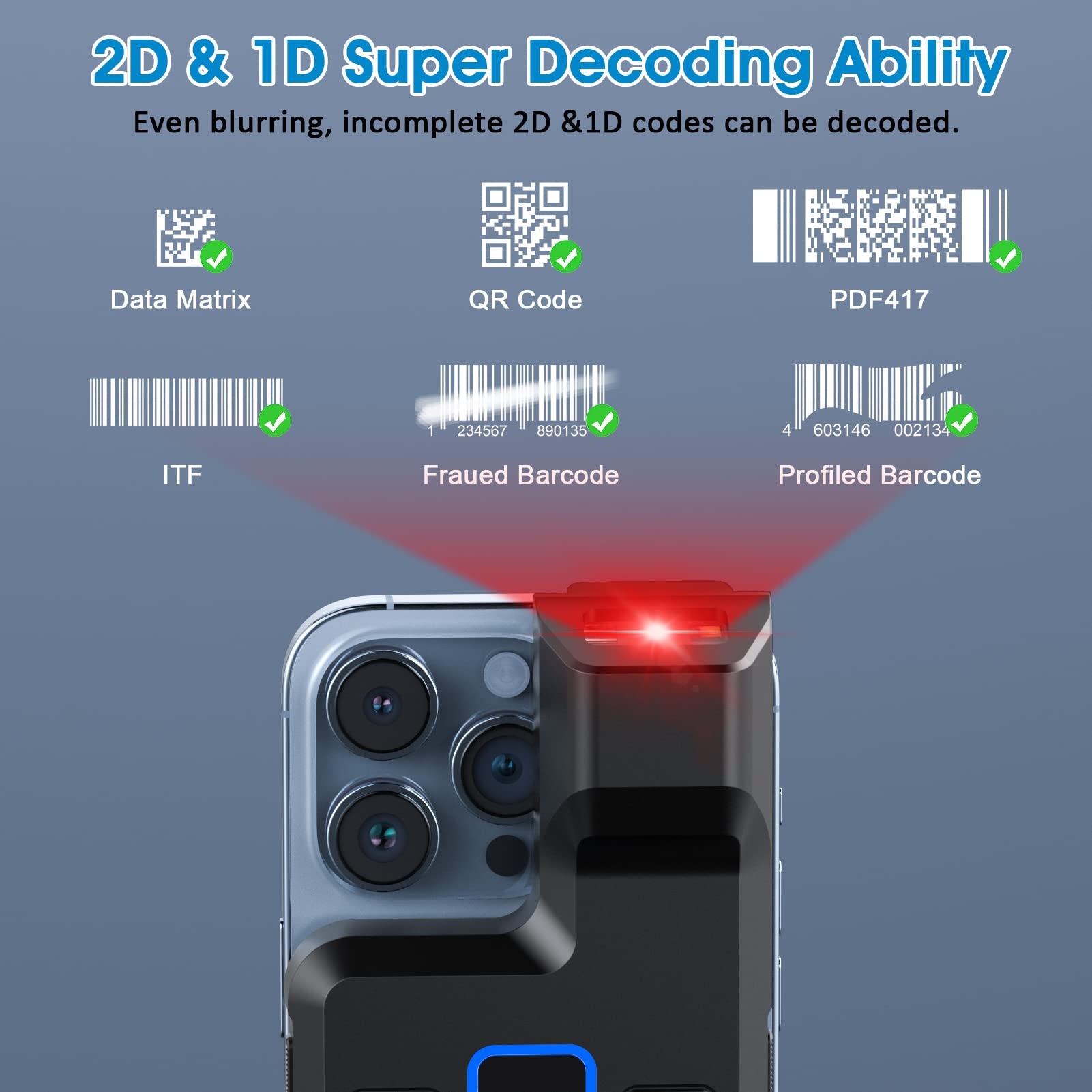 2D QR Bluetooth Barcode Scanner, Wireless Adjustable Back Clip Phone Bar Code Scanner for 1D 2D Data Matrix Code Reader, Work with iPhone, Android, iOS for Warehouse Library Book Inventory