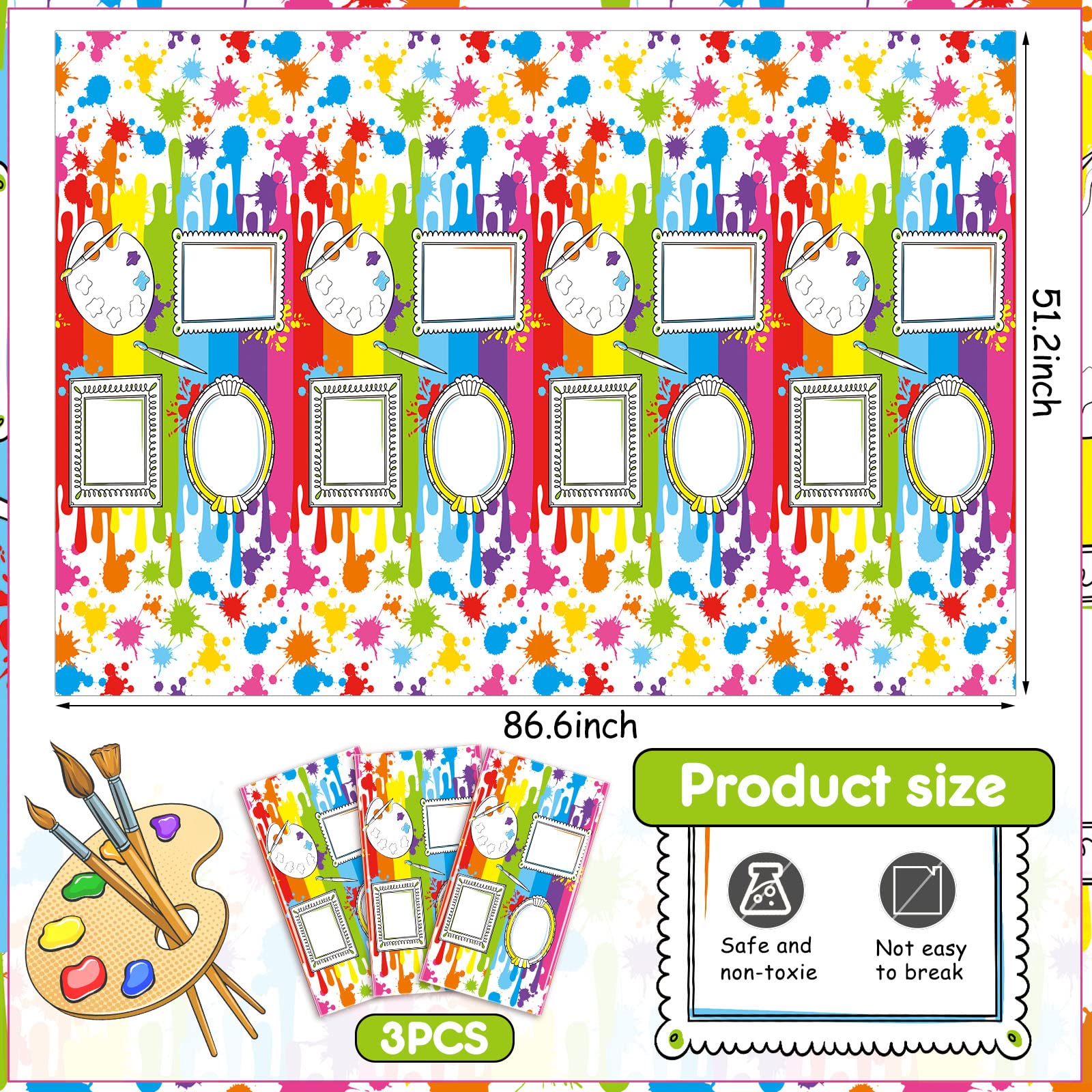 Art Party Decorations Paint Party Tablecloth Paint Party Supplies Creative Paint Theme Table Cloth Printing Art Party Table Cloth Machine Washable Tablecloth for Decor (3 Pieces)