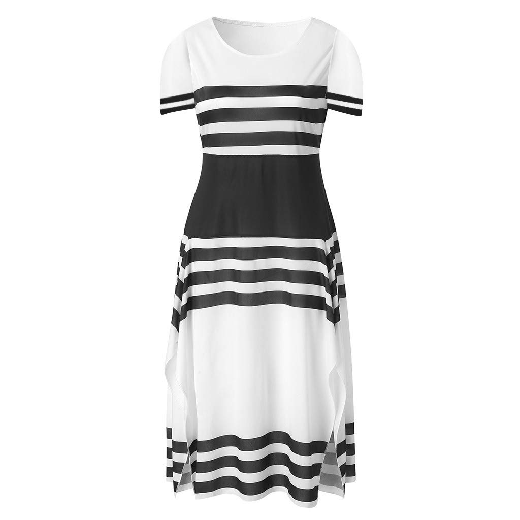 F_Gotal Womens Dresses Summer Casual Crew Neck Striped Short Sleeve Long Maxi Dress Holiday Evening Party Cocktail White