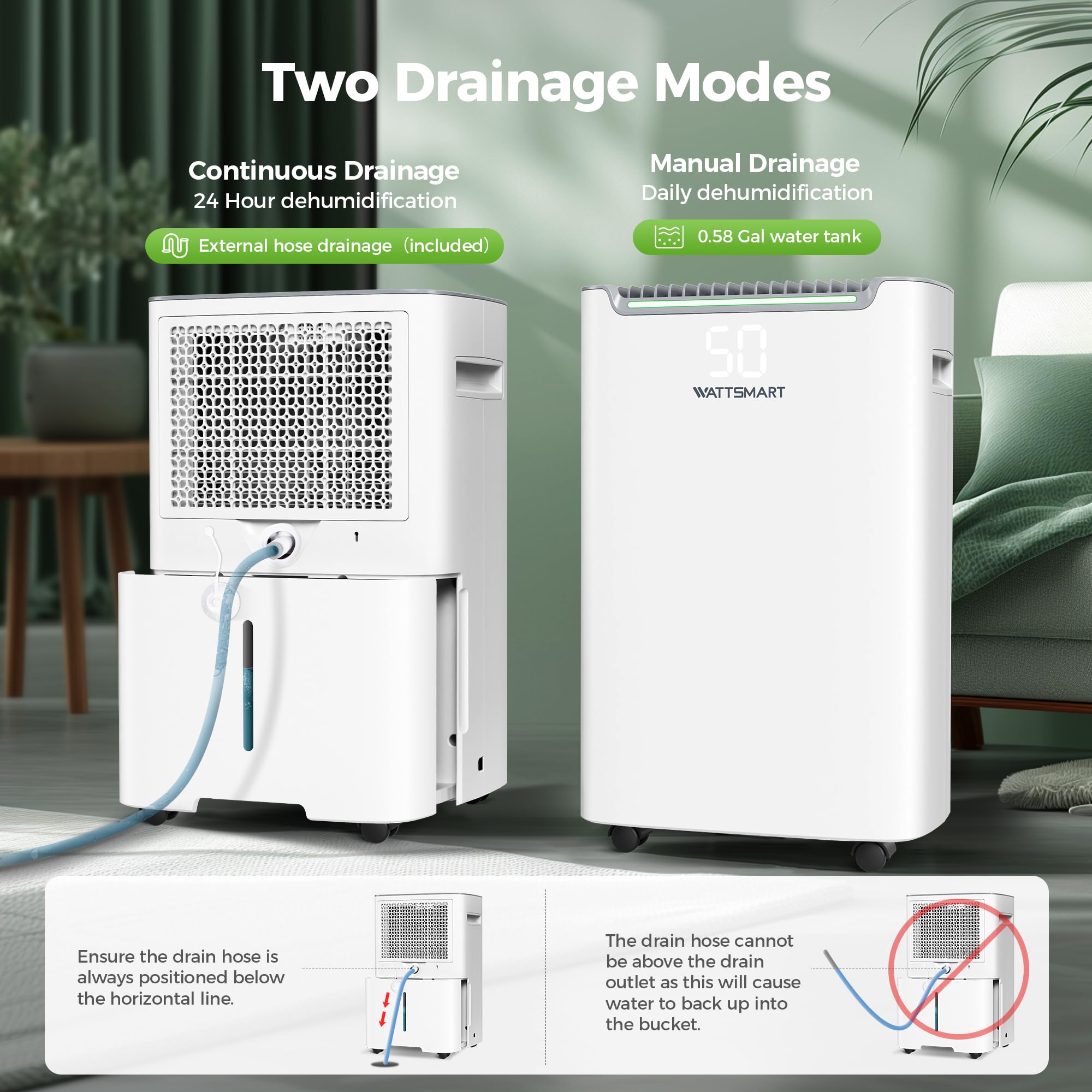 4,500 Sq.Ft Dehumidifier for Basement with Drain Hose, 50 Pint Dehumidifiers for Large Home with Three Operation Modes, Intelligent Humidity Control, 24HR Timer for RV, Bathroom, Bedroom