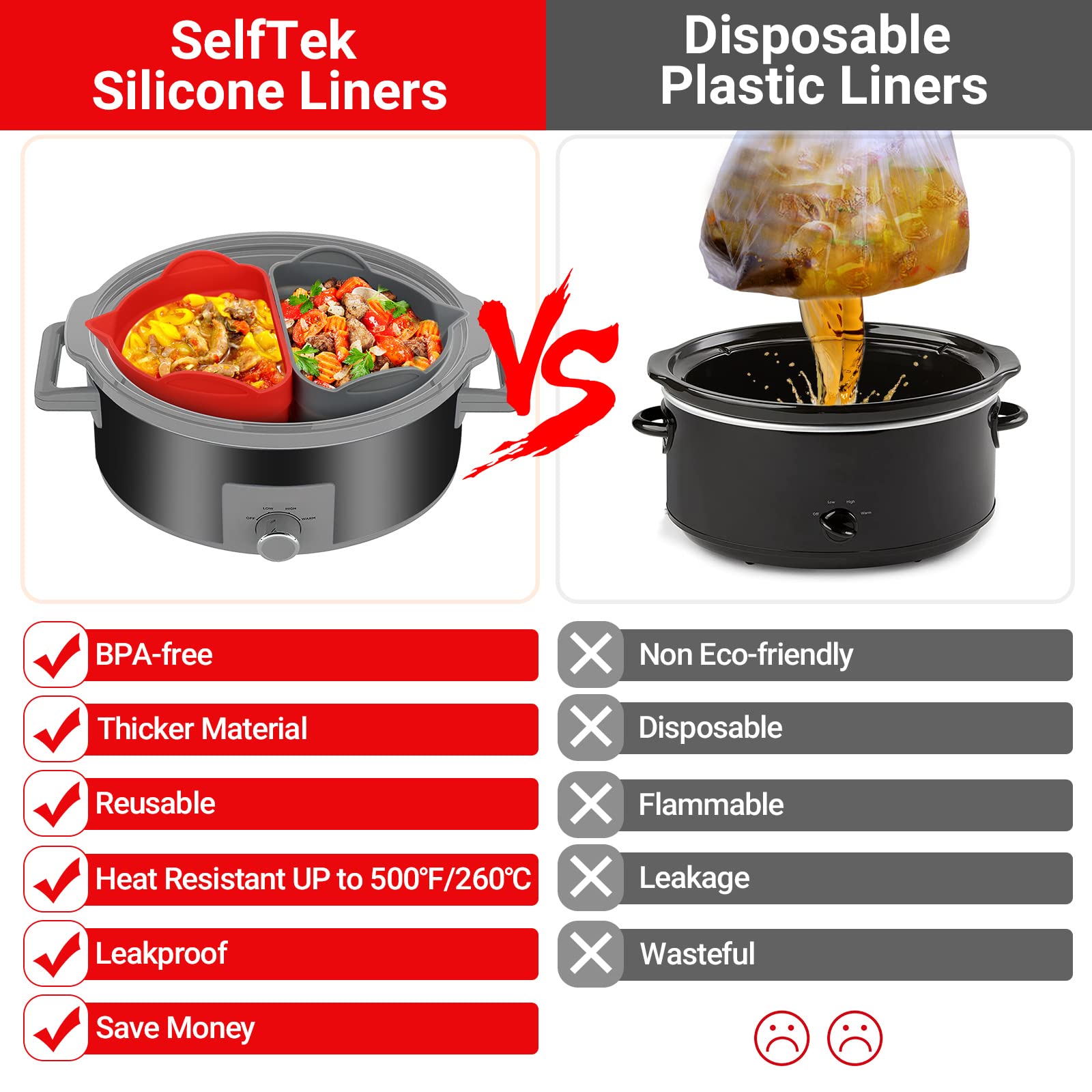 2 Set Silicone Slow Cooker Liners,SelfTek Reusable Liner Fits Crock-Pot &Hamilton Beach 7-8 Qt Oval,Foldable,Leakproof Dishwasher Safe Cooking Insert Includes Spoons - Red & Black