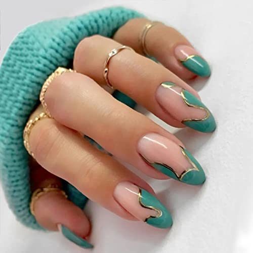 6 Packs (144 Pcs) Press on Nails Medium Design, Misssix Short Fake Nails Almond French Glue on Nails Set with Adhesive Tabs Nail File for Women