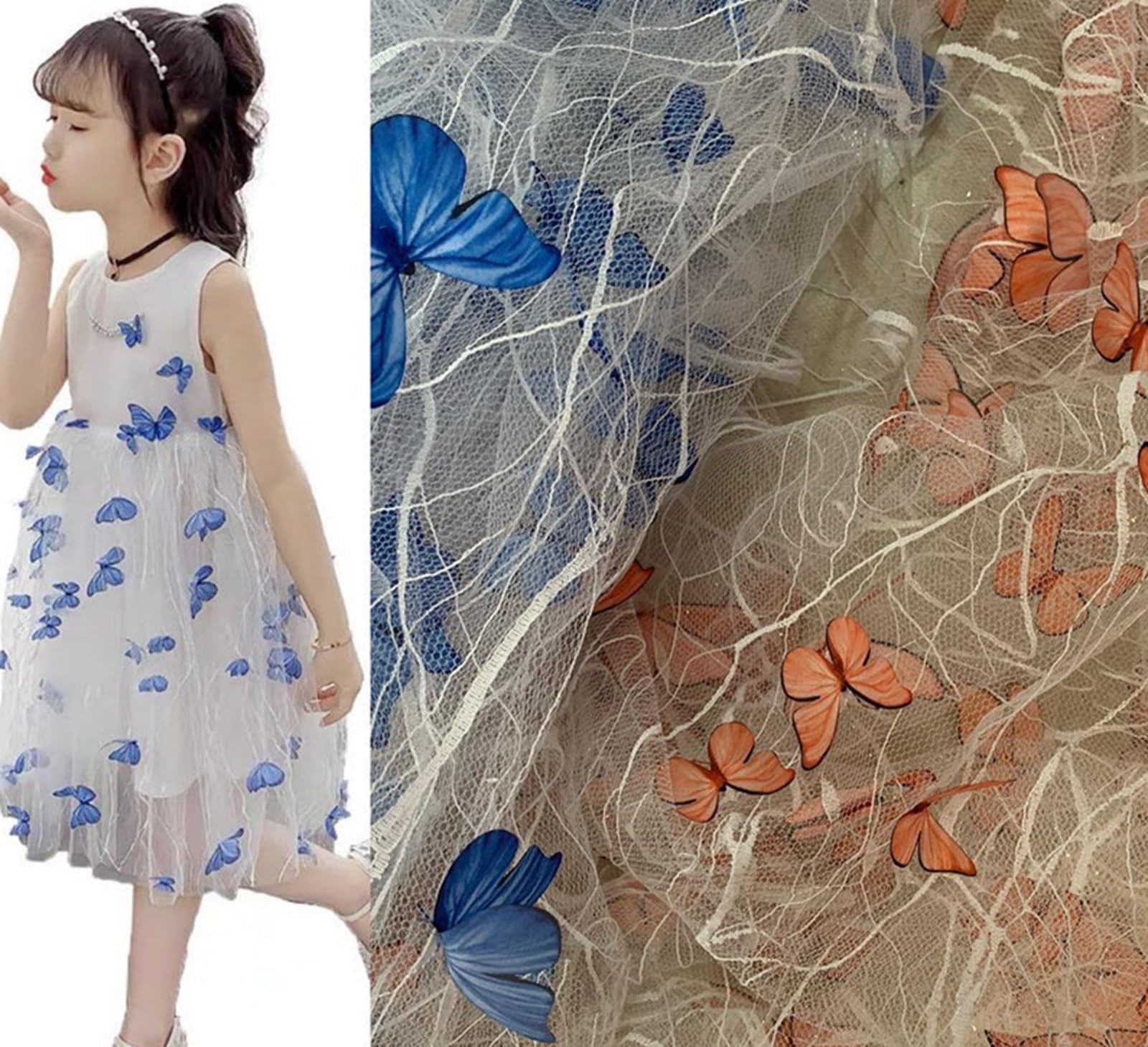 2Yards White mesh Blue Fantasy Butterfly Embroidery Lace White Mesh Fabric DIY Beautiful Creative Skirt Dress Decoration Fabric(White)