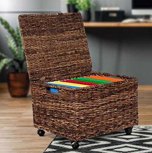 BirdRock Home Seagrass Rolling File Cabinet - Storage Organizer Box with Lid - Home Office Decor - Decorative Organize - Letter Legal Hanging Filing Container - Strong Durable Toy Pillow - Espresso