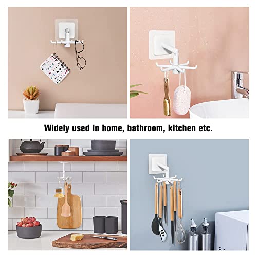 6 Pack Heavy Duty Under Cabinet Utensil Holder Hanger Hook, 360 Degrees Rotating Folding Hook Self Adhesive Hook Utensil Rack with 6 Hooks for Bathroom, Kitchen and Home (White)