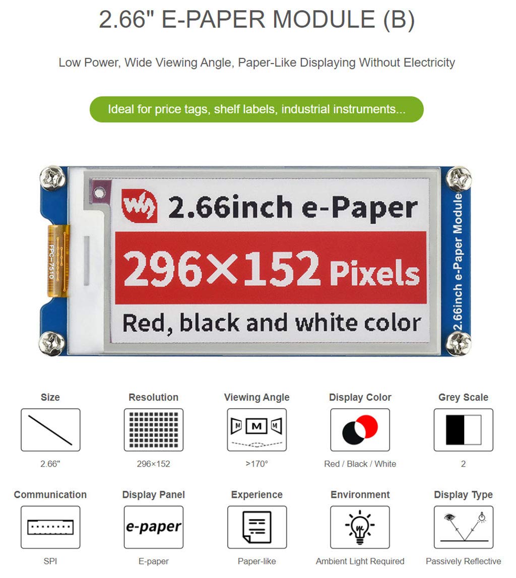 Coolwell Waveshare 2.66inch E-Paper E-Ink Display Module (B) for Raspberry Pi/Jetson Nano, 296×152 Pixels, SPI Interface,Red/Black/White Three-Color