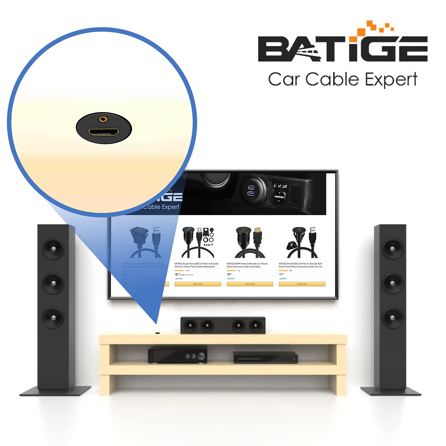 BATIGE HDMI & 3.5mm Male to Female 3.5mm + HDMI Car Mount Flush Extension Cable with Mounting Panel - 3ft