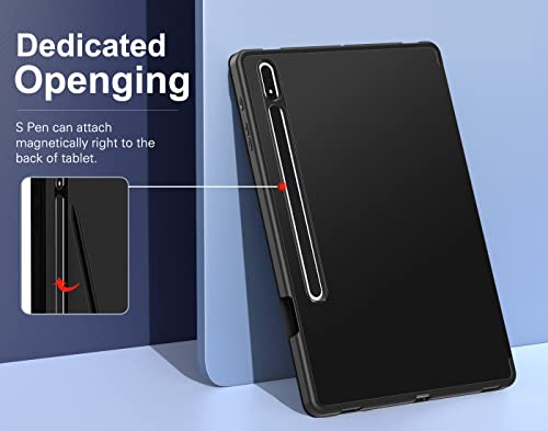 MoKo Case Fits Samsung Galaxy Tab S8 Plus 12.4 Inch 2022 (SM-X800/SM-X806) /S7 FE 2021/S7 Plus 2020, Shockproof Full Body Trifold Stand TPU Back Cover Case with Pen Holder Slot/Auto-Wake, Black