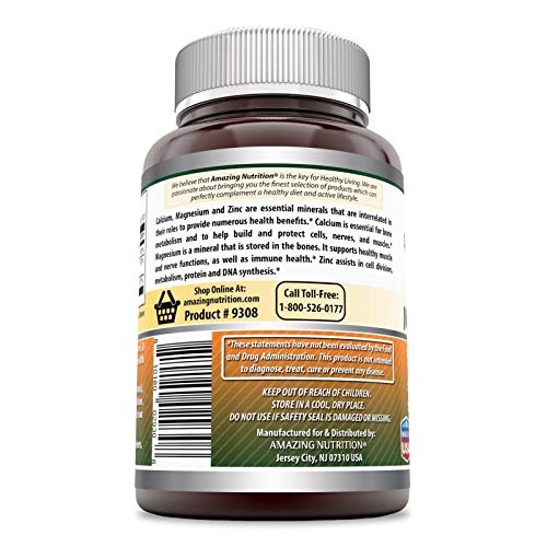 Amazing Nutrition Calcium Magnesium Zinc Dietary Supplement * 300 Tablets Per Bottle * (Calcium- 1000 mg, Magnesium 400mg - Zinc 25mg Per Serving of 3 Tablets)