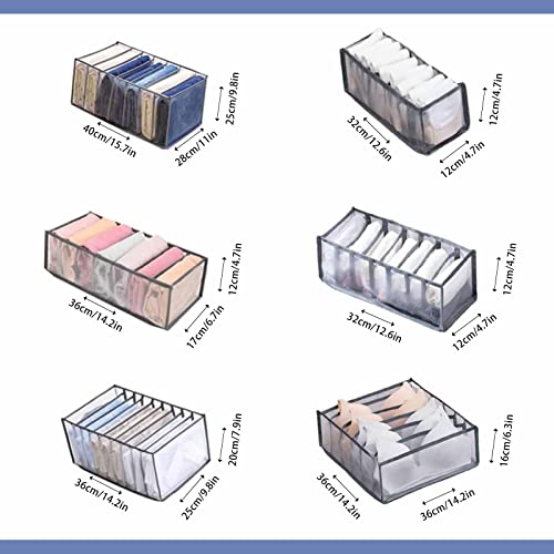 6 Pcs Clothes Organizer,Drawer Organizer Clothes,Wardrobe Drawer Organizers Clothes Closet Storage ,Foldable Mesh Separation Box for T-shirt, Socks, Legging, Scarves, Underwear (Grey, 6/7/11 Grids)