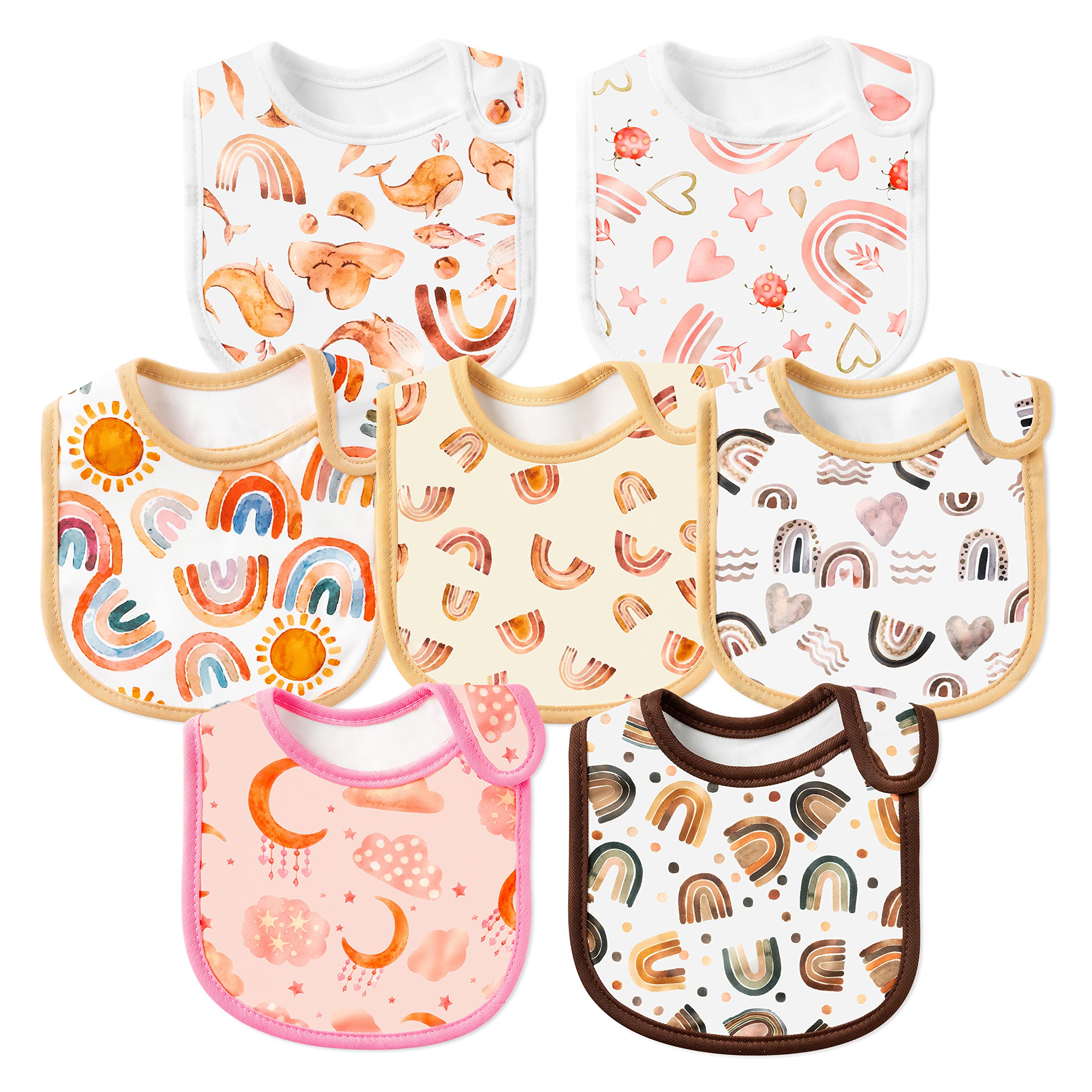 2ooya 7Pcs Cotton Waterproof Baby Bibs Adjustable Hook Loop Closure Baby Bib with Rainbow Pattern Unisex Newborn Baby Food Bib for Drooling Feeding Eating Teething Keepsake Gift for Baby, 6-12 Months