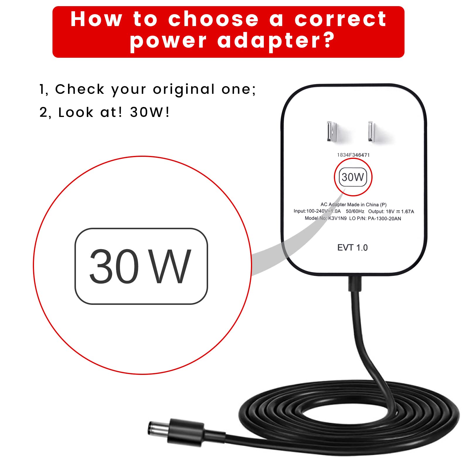 Show 8 Power Cord Adapter Replacement for Alexa 4th / 3rd Gen, Show 10 (3rd Gen), Alexa Plus 2nd Gen, Alexa Show 2nd Gen - 30W White Charger Plug with 5ft Long Cable