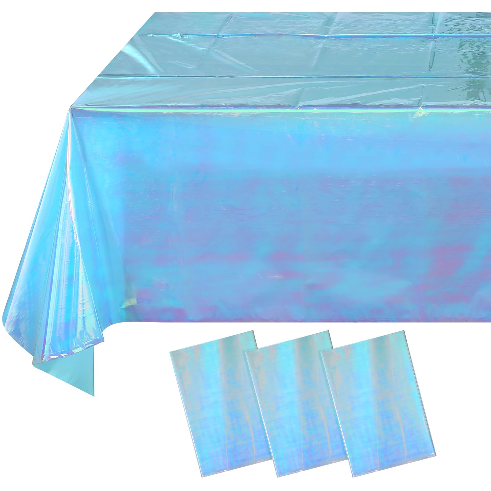 3Pcs Iridescent Plastic Tablecloths Shiny Disposable Laser Rainbow Rectangle Table Covers Holographic Foil Metallic Table Cloth for Iridescent Party Decorations Birthday Bridal Wedding 40"x108"(Blue)