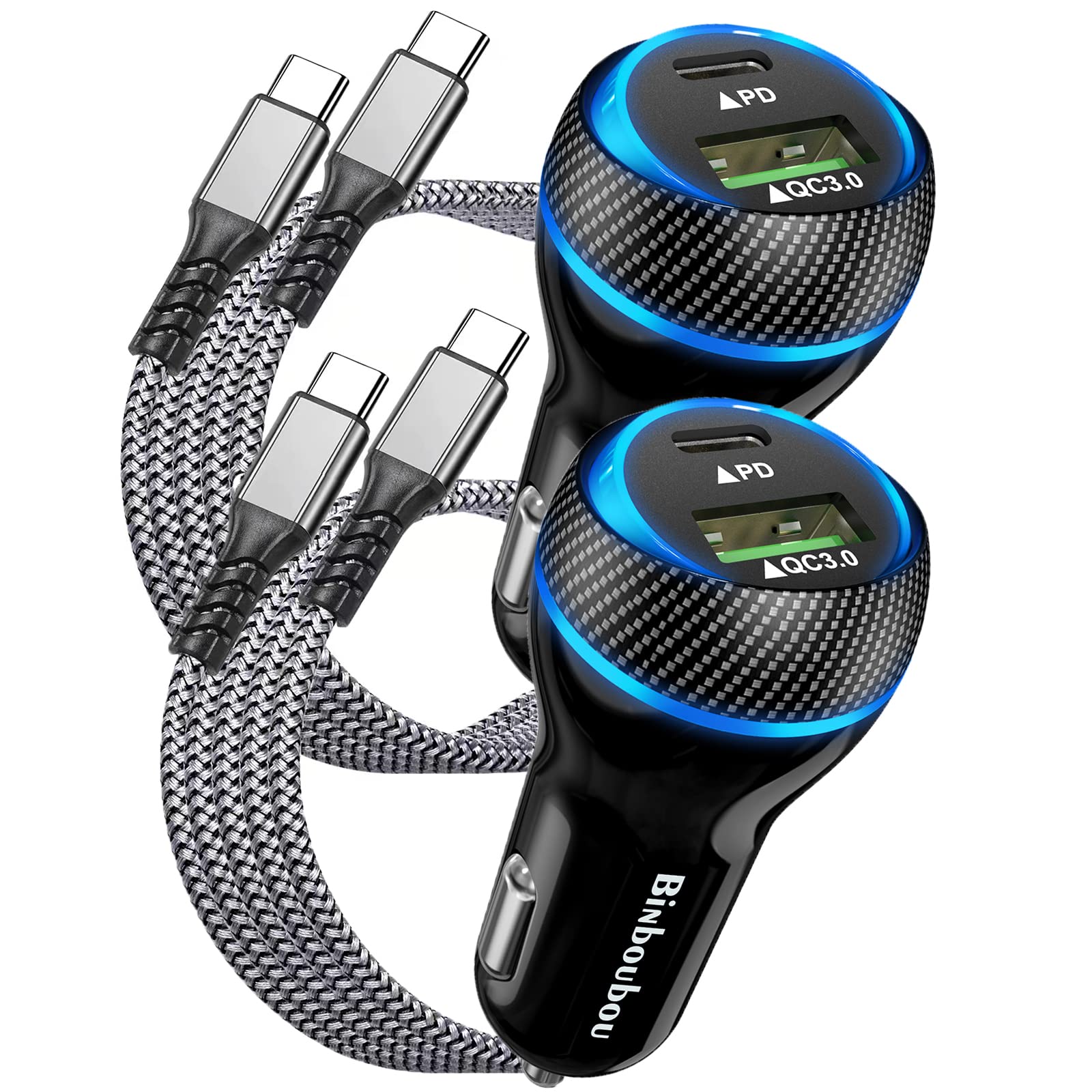 2-Pack 48W Type C Car Charger Fast Charging, USB C Car Charger Adapter [PD&QC] Dual Fast Car Cigarette Lighter Charger Compatible w/Samsung S23/S22/S21 Pixel LG with Type C Cords