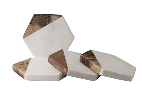GoCraft Marble & Wood Coasters | Handcrafted Geometric White Marble Coasters with Mango Wood for Your Drinks, Beverages & Wine/Bar Glasses (Set of 4)
