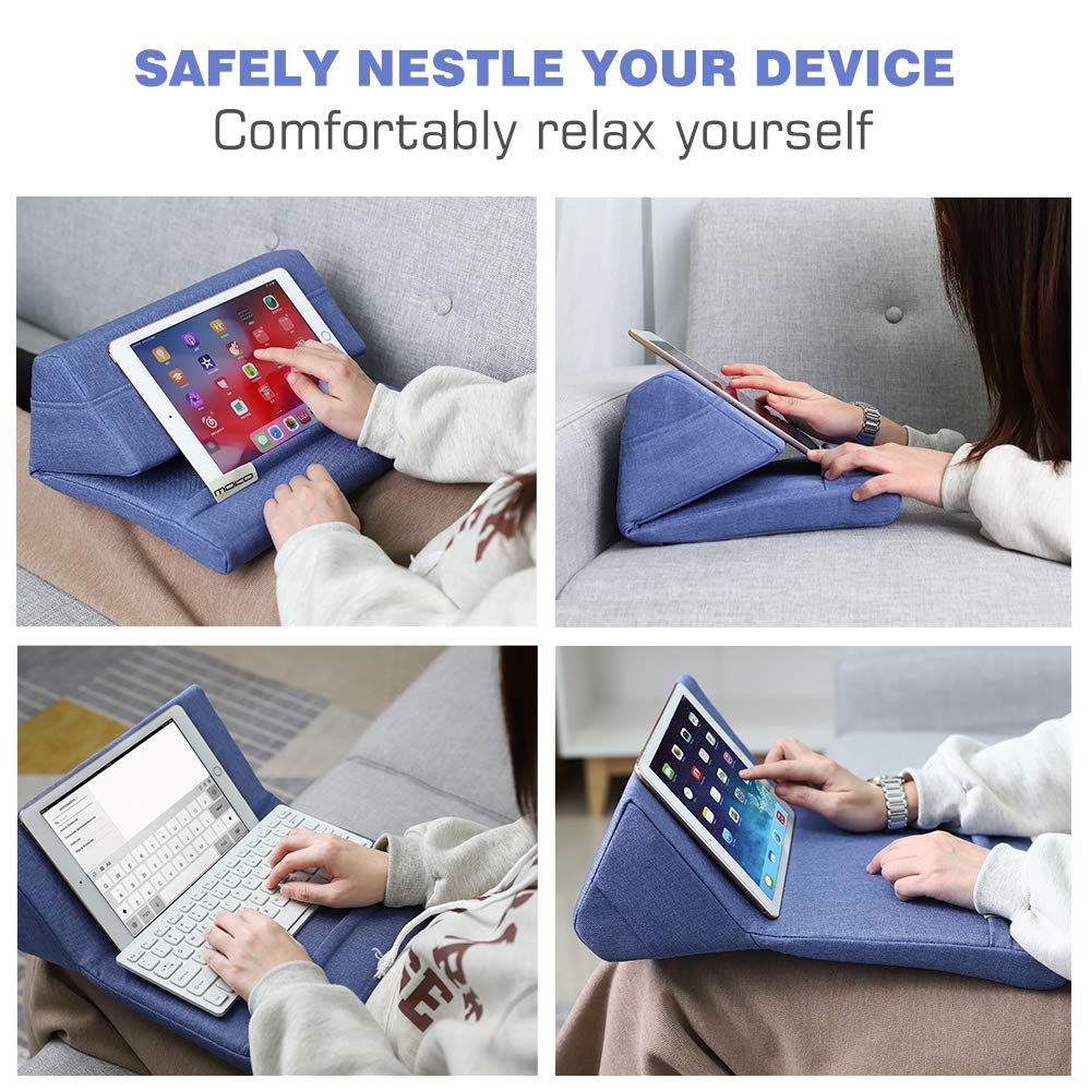 MoKo Tablet Pillow Stand, Soft Bed Pillow Holder, Fits up to 11" Pad, Fit with iPad 10th,iPad Pro 11 2022, New iPad Air 4 10.9/Air 3, iPad Pro 11/10.5/9.7, Mini 5 4, Galaxy Tab S6/ S7 11", Denim Blue