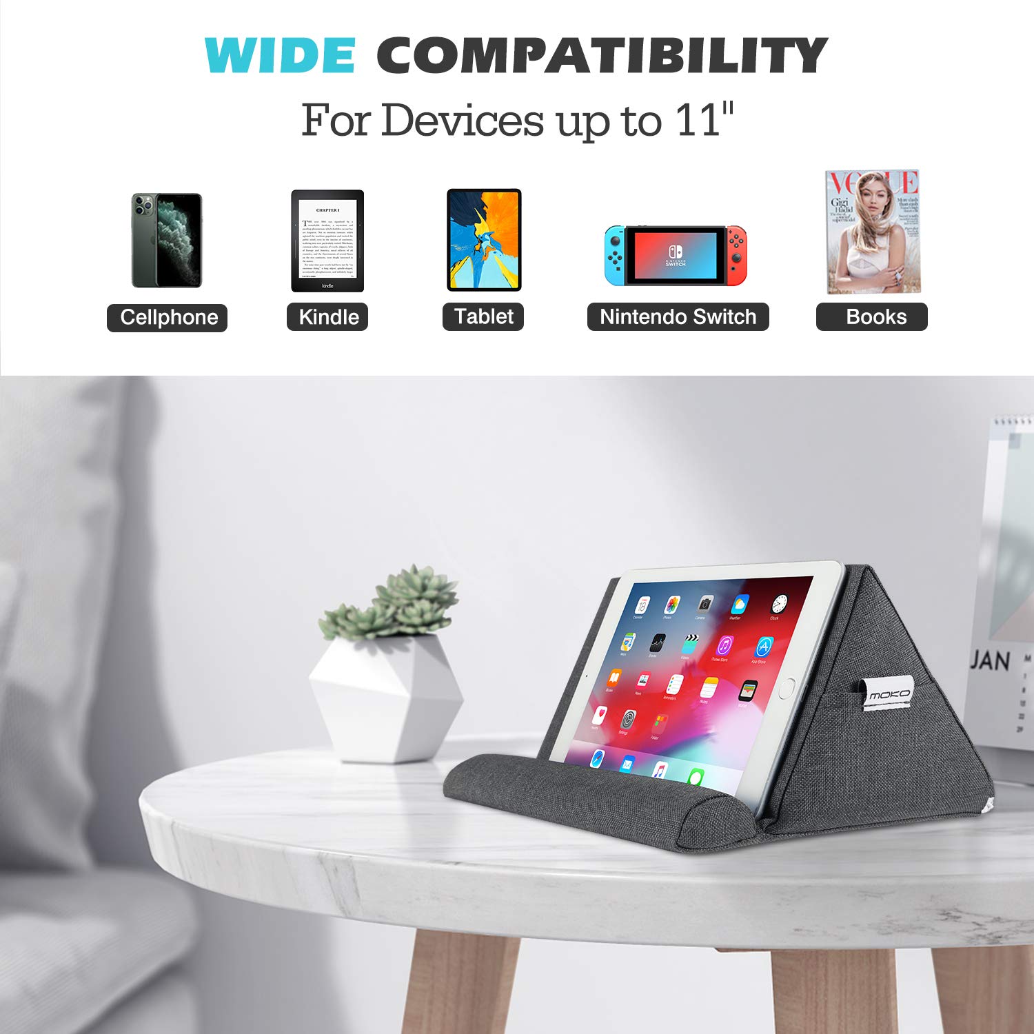 MoKo Tablet Pillow Stand, Pillow Lap Holder for iPad Tablet up to 11" for Xmas Gift, eReaders, Fit with iPad 9 10.2",iPad Mini 6 8.3",iPad 10th,iPad Pro 11 2022,Air 4, Galaxy Tab S6/S7, Space Gray