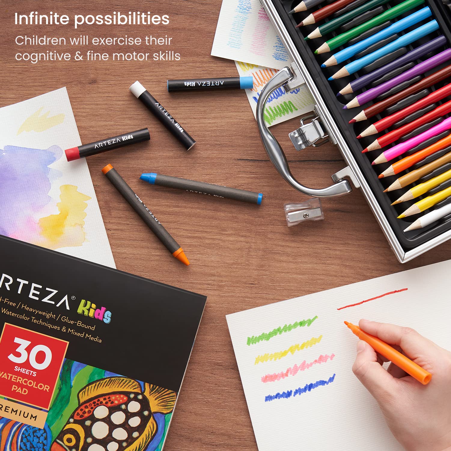 ARTEZA Kids Painting & Drawing Kit, 75-Piece Bundle, 18 Mini Colored Pencils, 16 Watercolor Paints, 14 Oil Pastels, 14 Crayons