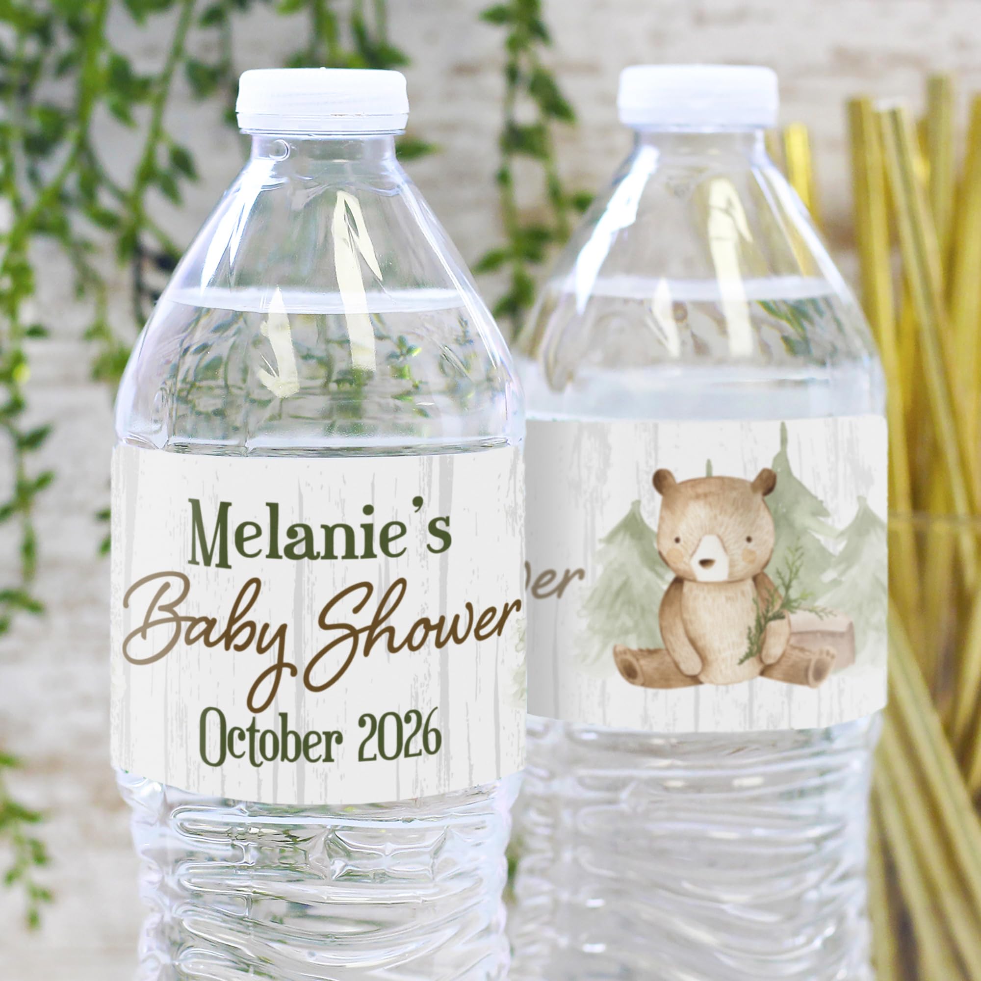 DISTINCTIVS Personalized Woodland Bear Baby Shower Water Bottle Labels - Customizable Waterproof Wrappers - 24 Stickers