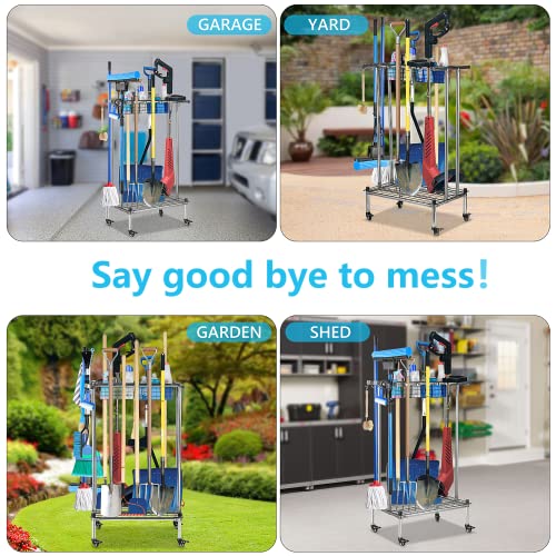 Balaipor Stainless Steel Garden and Yard Tool Organizer Tower Rack Storage Holder with Wheels for Garage, Garden, Shed (Floor Standing)