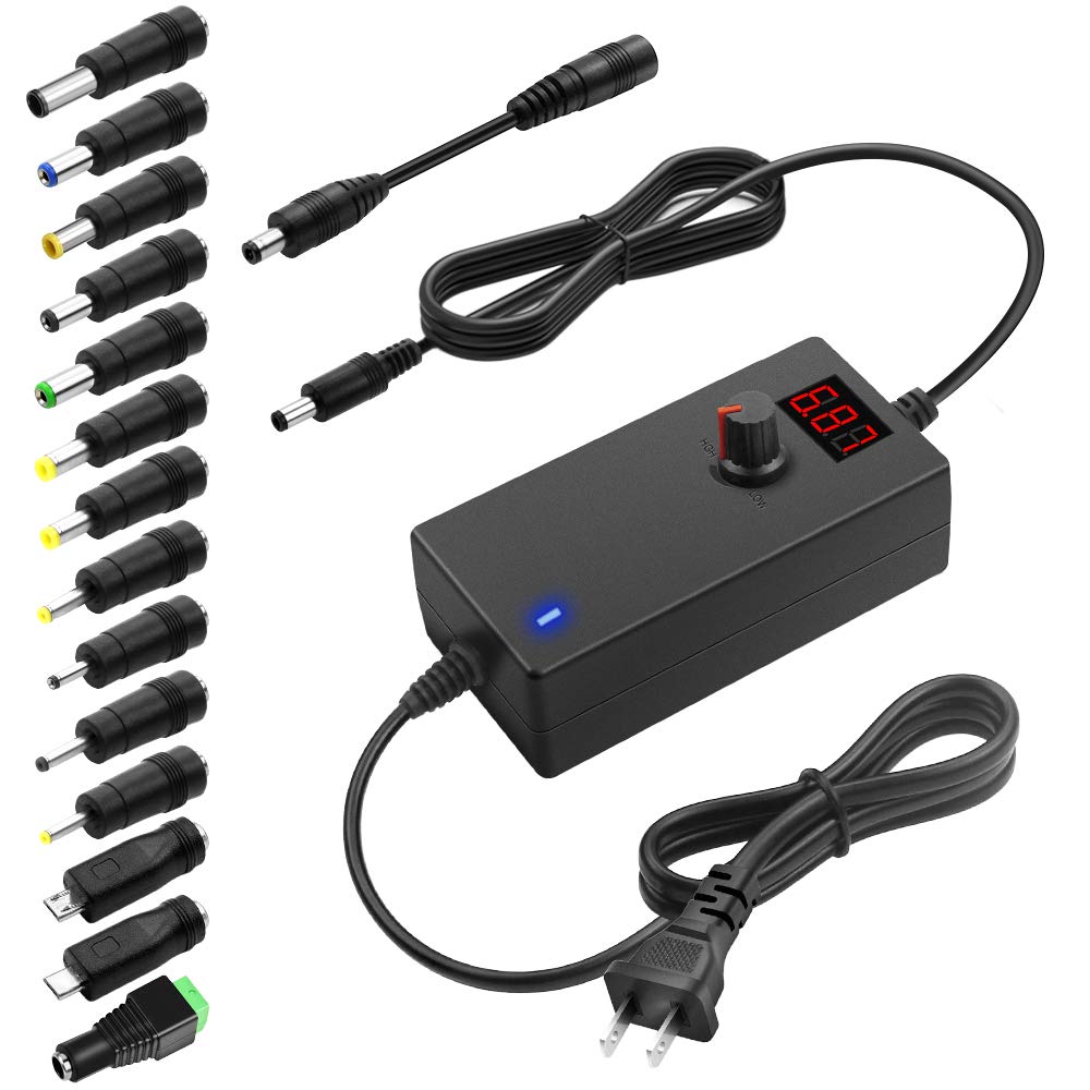 SHNITPWR 24W AC Adapter 3V ~ 12V 2A Universal Power Adapter 100V-240V AC to DC Converter 3V 4V 4.5V 5V 6V 8V 9V 10V 12V Adjustable Power Supply 500mA 1A 1.2A 1.5A 2A with 14 Tips Polarity Converter
