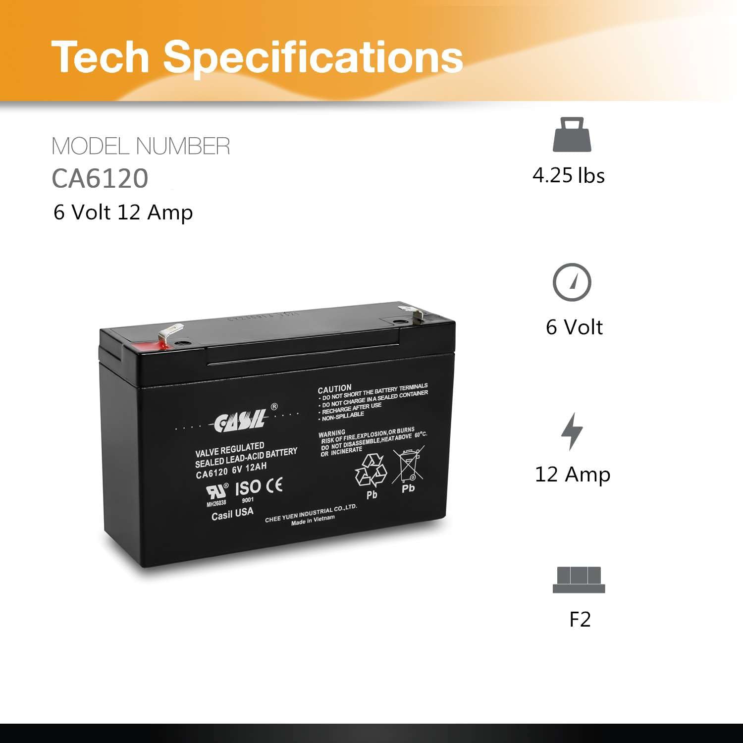 Casil Emergency Light Battery 6v 12ah CA6120 6v 12ah Battery Sealed Lead Acid AGM with F2 Terminal for 6v Emergency Light Battery - VRLA 6v Battery 12ah