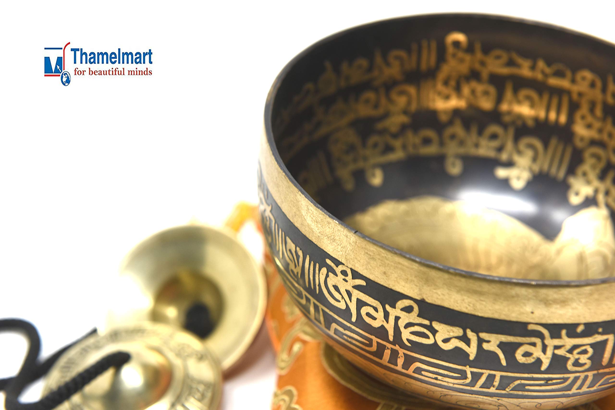 8" Healing Meditation Mantra Carved Singing Bowl, Etching Tibetan Art, Hand Hammered Singing Bowls with Silk Cushion, Gong & Mallet Striker