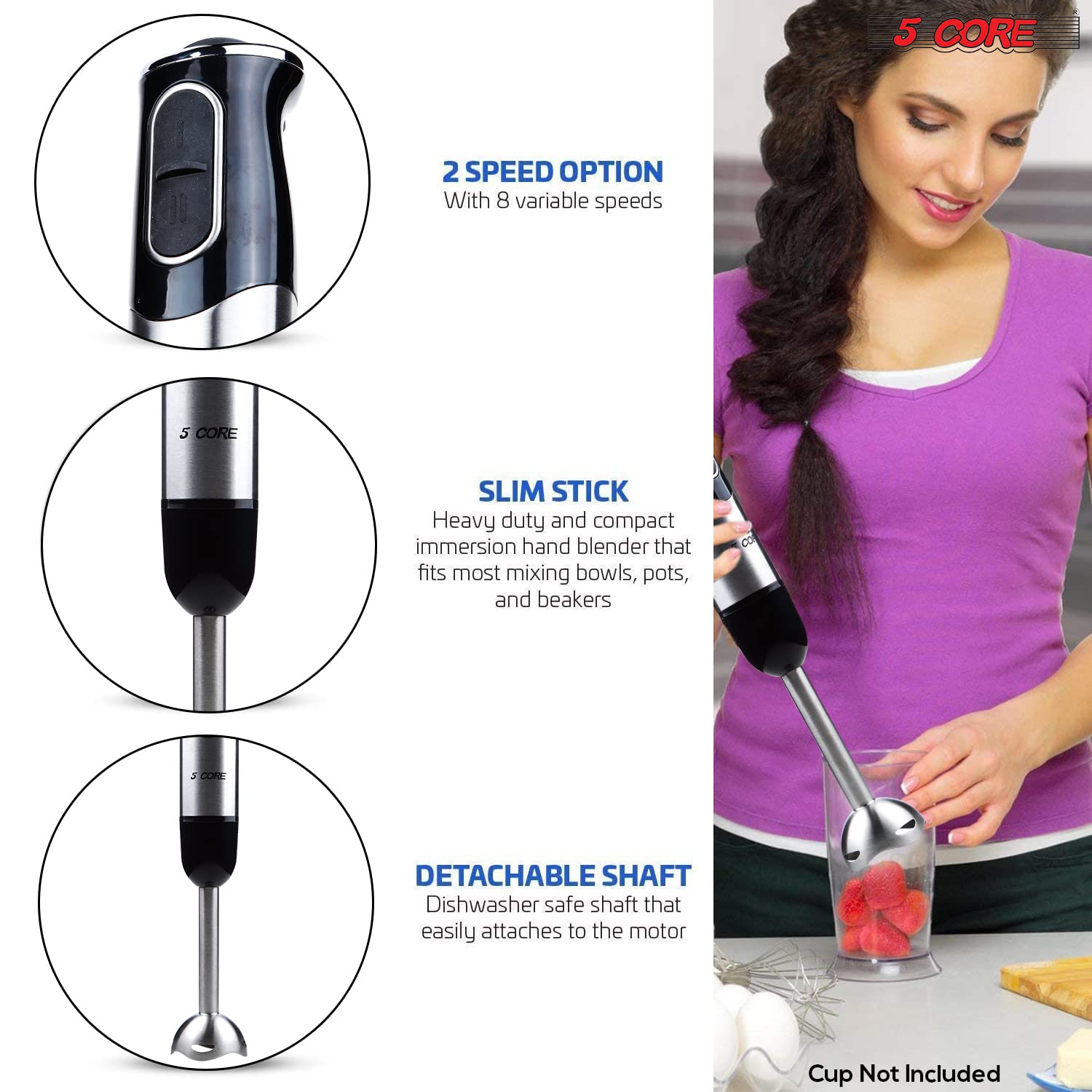 5 Core Immersion Blender Handheld Electric Whisk Hand Blender 8-Speed 500W Hand Held Stick Blender with Food Grade Stainless Steel Blades for Perfect for Smoothies Puree Baby Food Soup