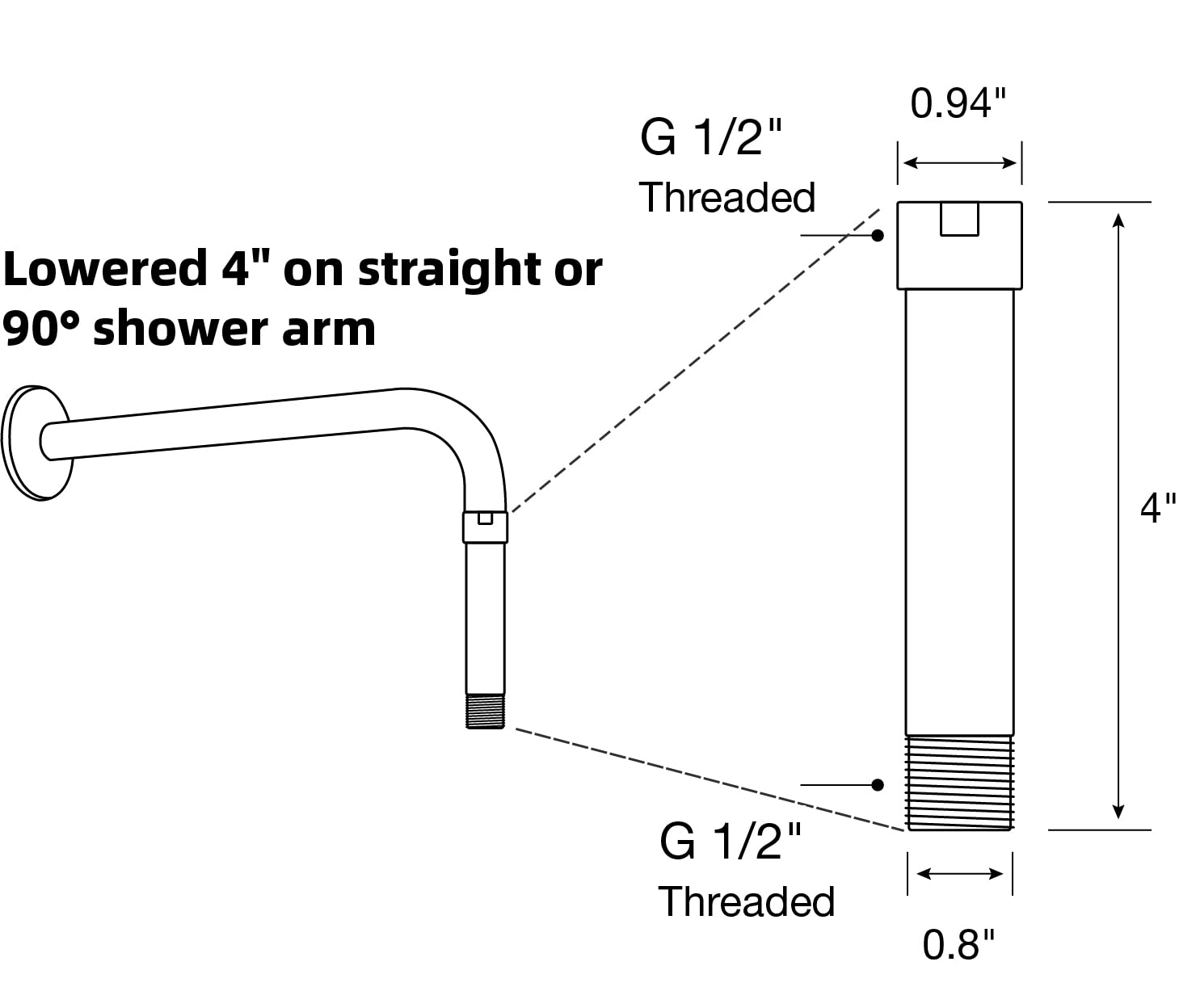 4 Inch Shower Head Extension Arm, Female to Male 1/2 Inch Extender, Stainless Steel, Brushed Nickel