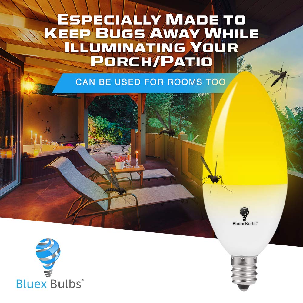 2 Pack LED Dusk to Dawn 6W E12 Bug Light Bulbs, Yellow Bulb, 65W Equivalent - Amber Light with Automatic Sensor Bulb, LED Porch Lights Security Outdoor Bulb, Auto on/Off, 2000K, Candelabra Bulb