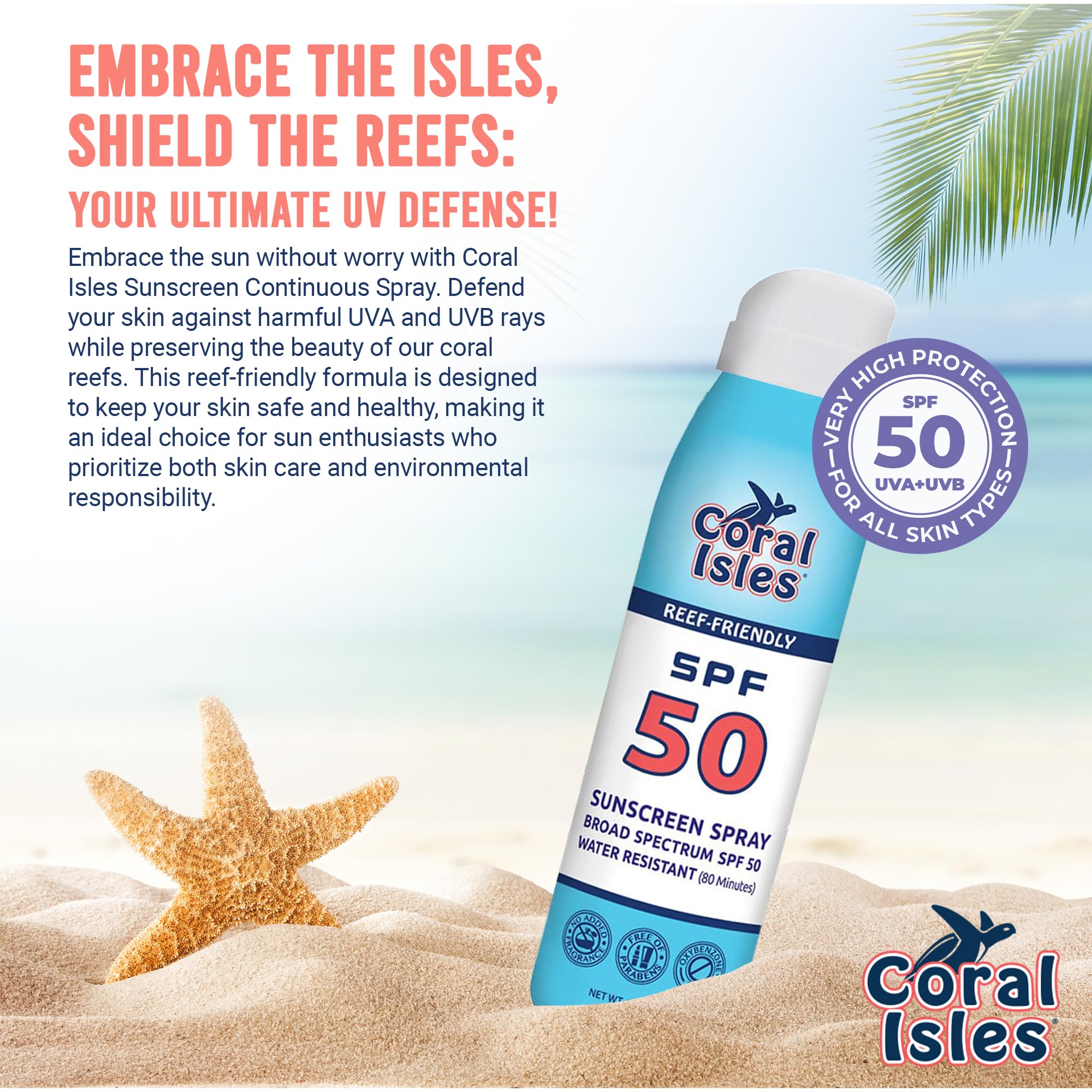 Coral Isles Reef Safe Sunscreen Spray SPF 50 - Broad Spectrum UVA/UVB Protection - Octinoxate & Oxybenzone Free - Hawaii Compliant - Non-Greasy, Fragrance Free - Water Resistant - 6 Fl Oz 3 pack