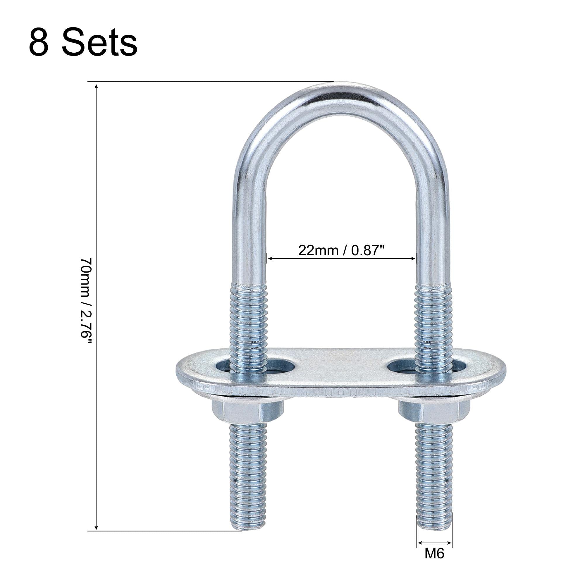 uxcell Round U-Bolts 8 Sets 0.87"(22mm) Inner Width 70mm Length Steel M6 with Nut, Plate, Washer