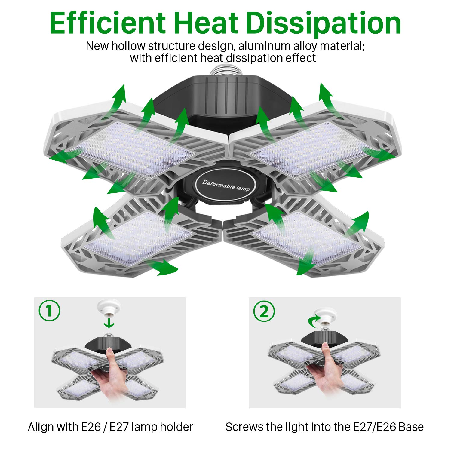 150W Garage Light, New Four Leaf Tribright Deformable LED Garage Light, 15000 Lumen Quadruple Glow LED Garage Lights, CRI 80, 6000K Retractable Garage Ceiling Light for Warehouse, Basement, Barn