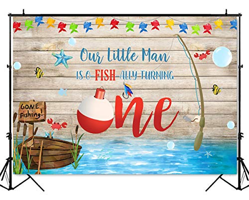 Mocsicka Gone Fishing Birthday Party Backdrop O-Fish-Ally 1st Birthday Party Decoration for Boy Rustic Wooden Cake Smash Photography Background (7x5ft)