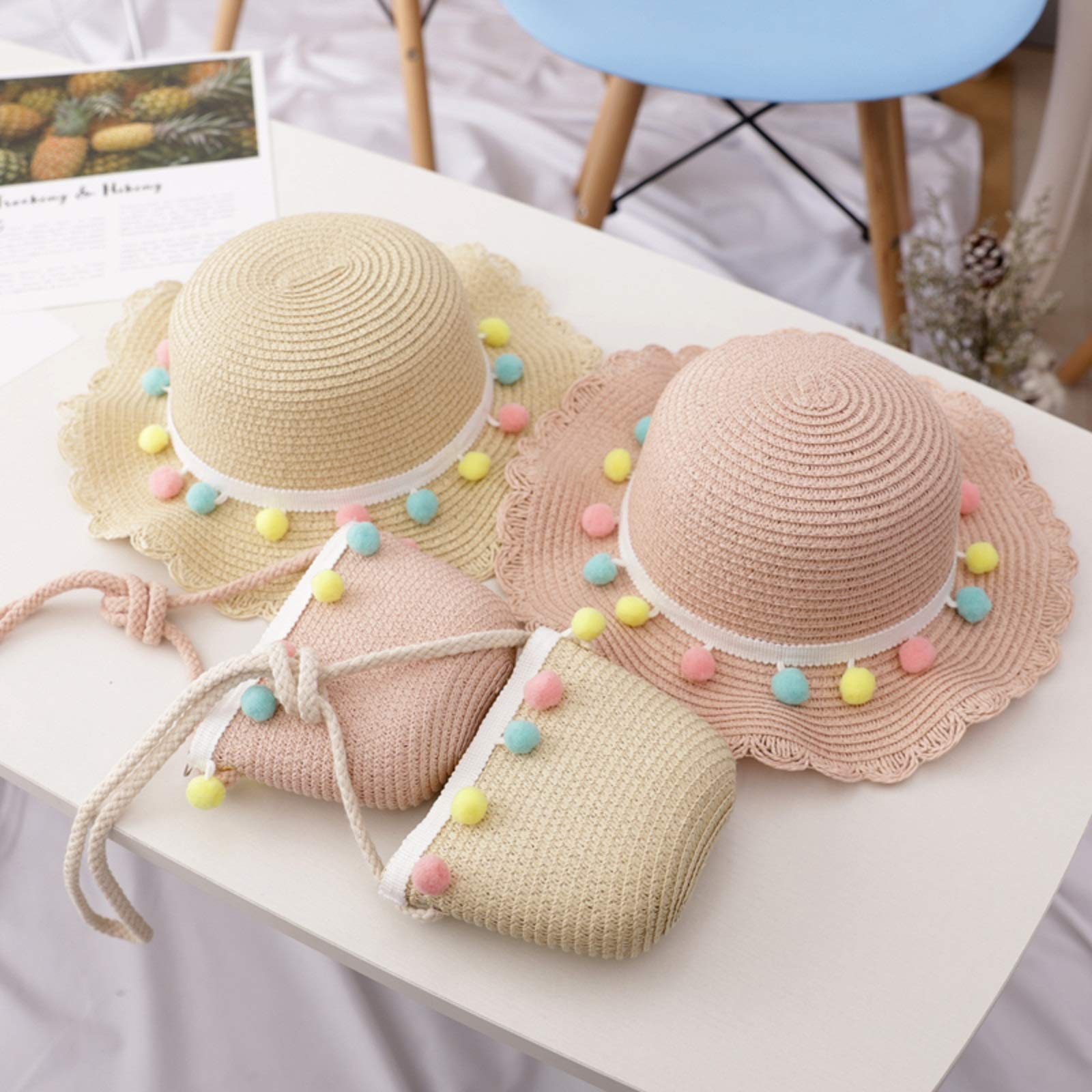 Toddler Baby Girls Straw Hat Wide Brim Sun Hat with Shoulder Bag Set Cute Pompom Beach Hat (Head circumference50-52cm/19.7-20.5", Beige)
