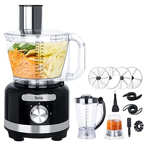 Davivy 16-Cup Food Processor Grinder Blender Combo,10-in-1 Multi-function Food Chopper with 60oz Blender 8.5oz Wet Grinder,600W with 2 Speeds Plus Pulse,Cheese Grating,Meat Chopping,Emulsifying, Shredding, Slicing, Mashing, Mixing, Doughing,3.8L Processor