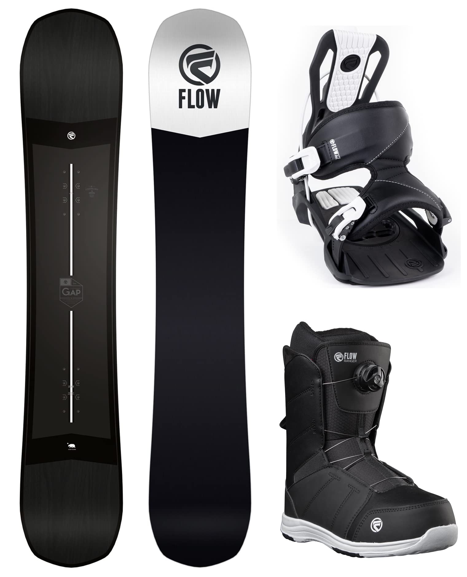 2021 FLOW Men's Gap Snowboard Package Black Alpha Bindings BOA Boots (159 cm Snowboard, Boot Size 11)