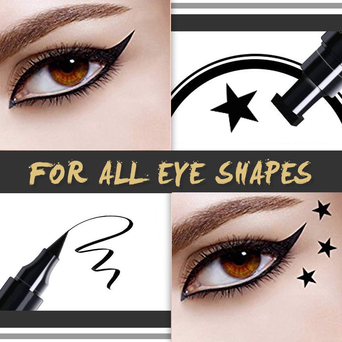 FATUXZ Double-headed Liquid Eyeliner Pen Stamp Super Slim Gel Felt Tip Waterproof Long Lasting Makeup Tool(Heart/Moon/flower/Star Shape Stamp Pen, 4 Styles/Set)