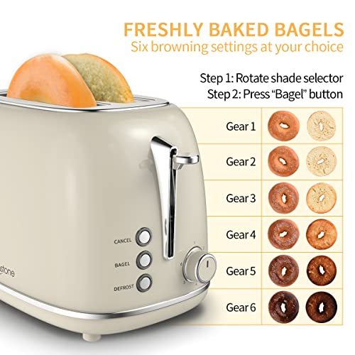2 Slice Toaster, Keenstone Toaster with 6 Browning Settings, 1.5 In Extra Wide Slots, Stainless Steel Housing, Bagel/Defrost/Cancel Function, Removable Crumb Tray, 825W for Breakfast Bread -Beige