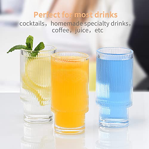 BJMEDYM Ribbed Glassware, Vintage Glassware 6pc Set, 12 oz Origami Style Glass Cup, Ripple Drinking Glasses, Fluted Glassware, Ribbed Drinking Glasses